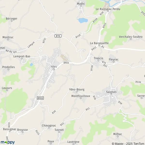 Map Ydes: map of Ydes (15210) and practical information