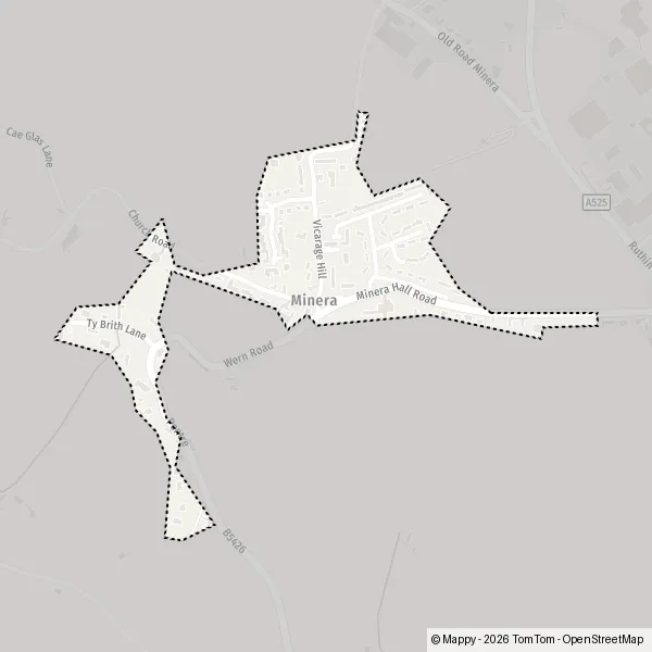 Map Minera: map of Minera (LL11 3) and practical information