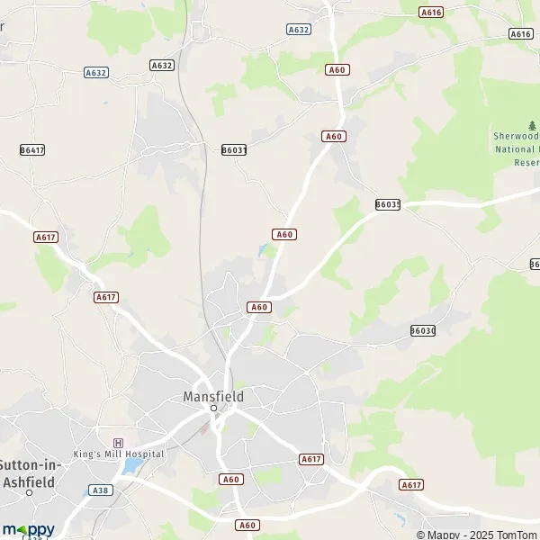 Map Mansfield: map of Mansfield (NG21 9) and practical information