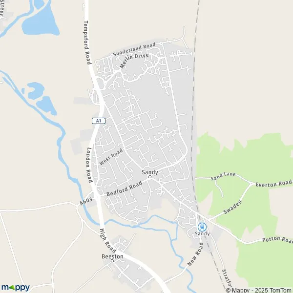 Map Sandy: map of Sandy (SG19 1) and practical information